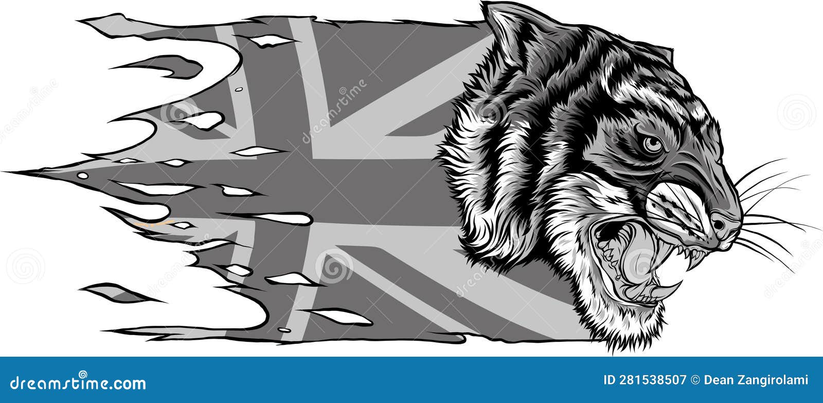 Monochromatic Illustration of Tiger Head with British Flag Stock Vector ...