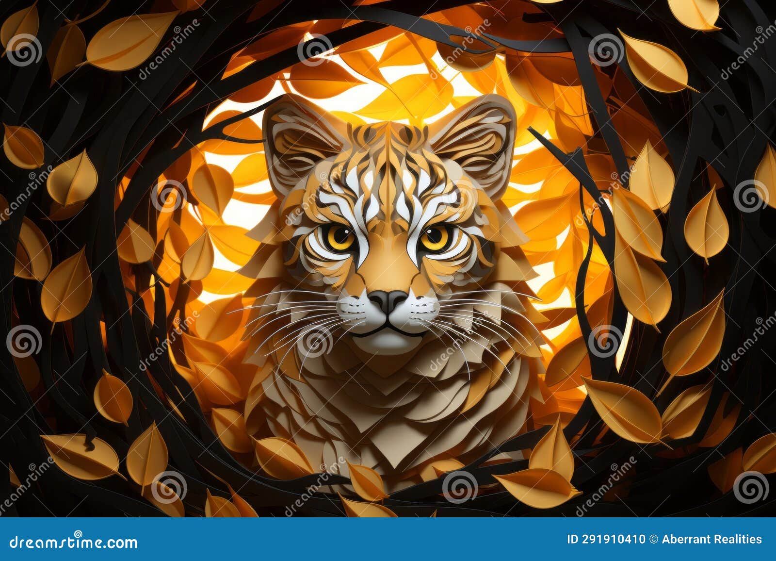 An Illustration of a Tiger Sitting in a Tree Surrounded by Leaves Stock ...