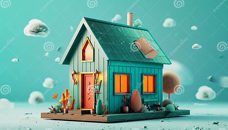Illustration of a Tiny Turquoise House Model Stock Illustration ...