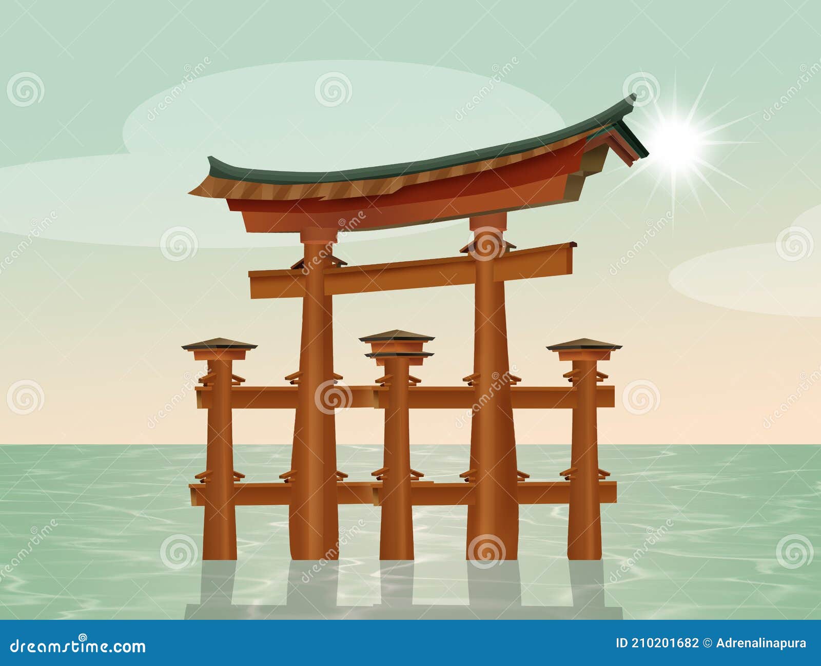 Illustration Of Tori Gate, Cat, Sakura Tree And Cloud. Silhouette ...