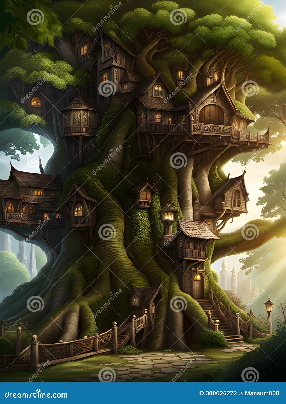 Illustration of a Traditional House in the Middle of a Tree Stock ...