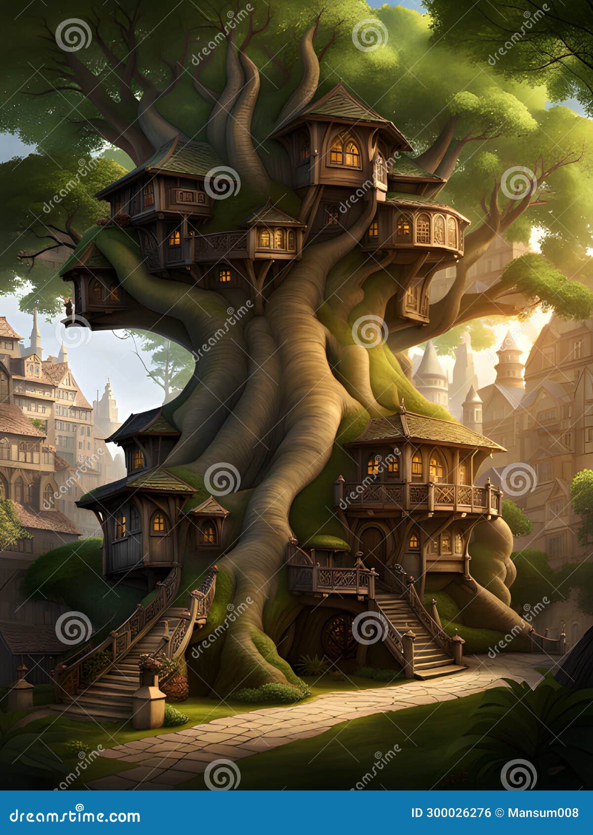 Illustration of a Traditional House in the Middle of a Tree Stock ...
