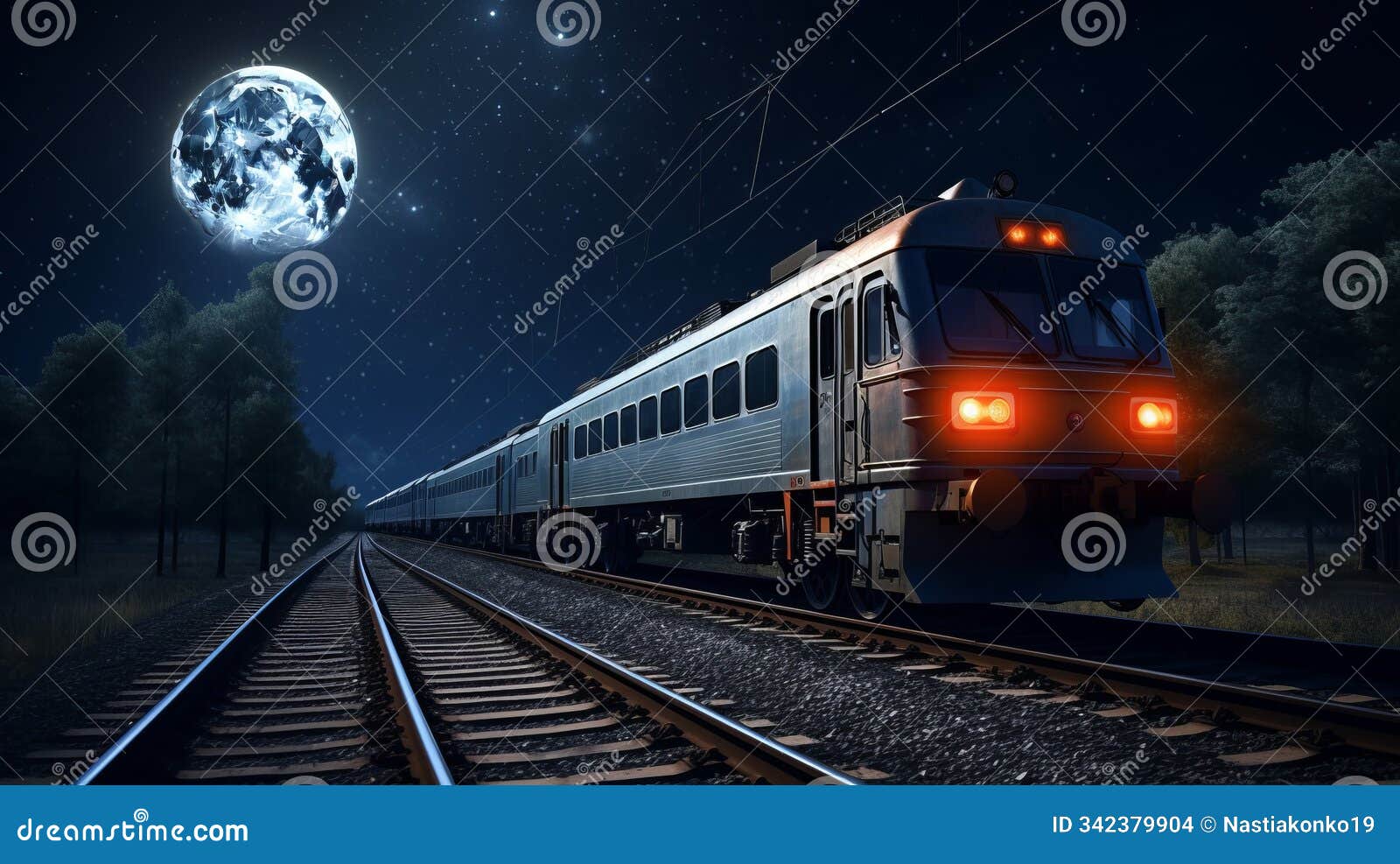 Illustration of a Train Under a Full Moon on a Dark Night Stock Photo ...