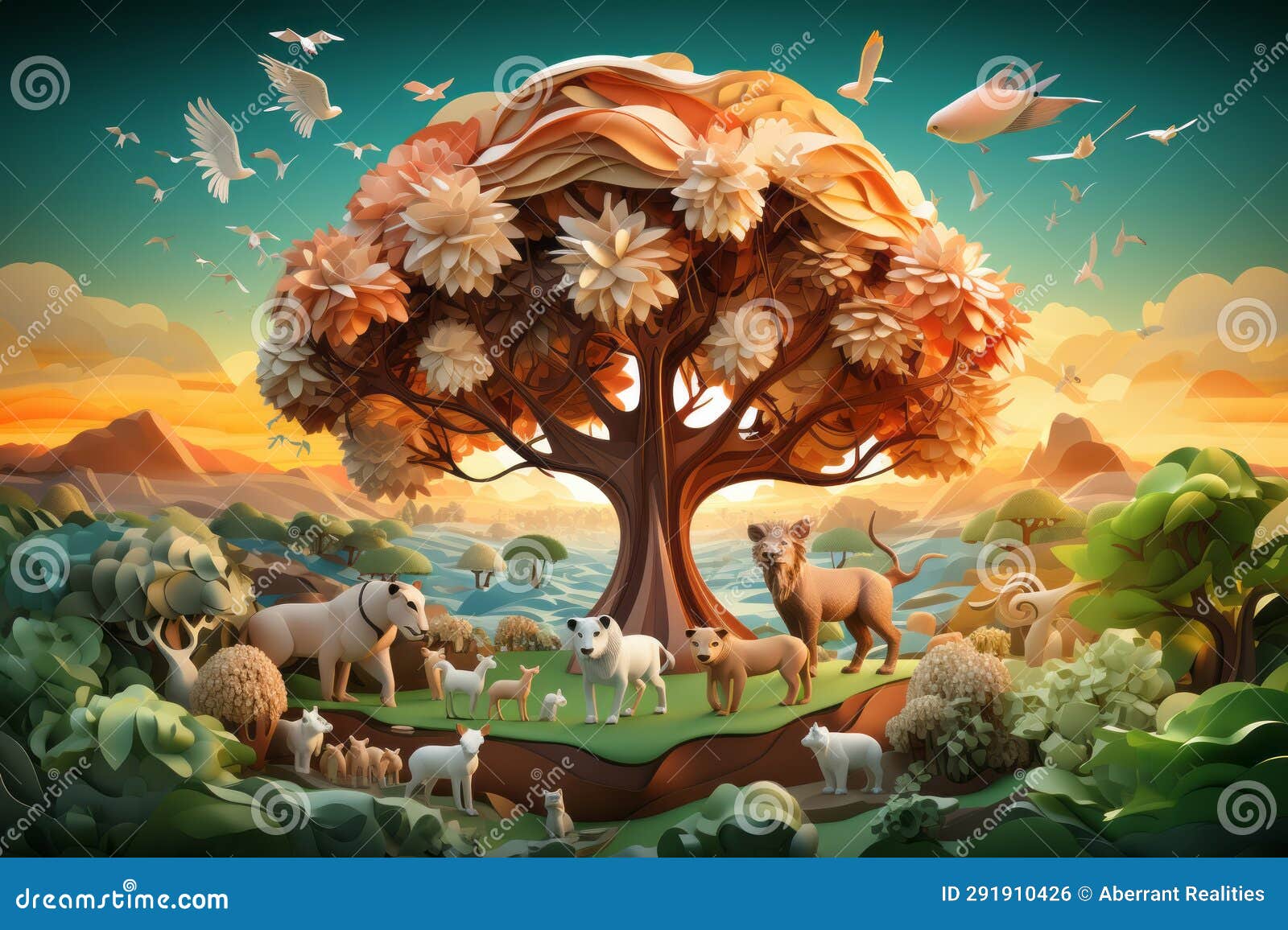 An Illustration of a Tree with Animals Under it Stock Illustration ...