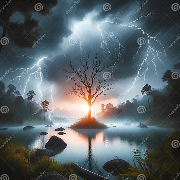 Illustration of a Tree Being Struck by Lightning Stock Illustration ...