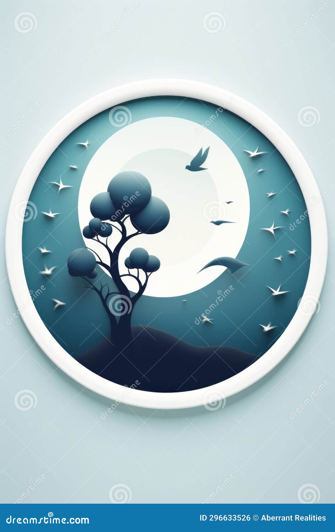 An Illustration of a Tree and a Bird Flying Over the Moon Stock ...