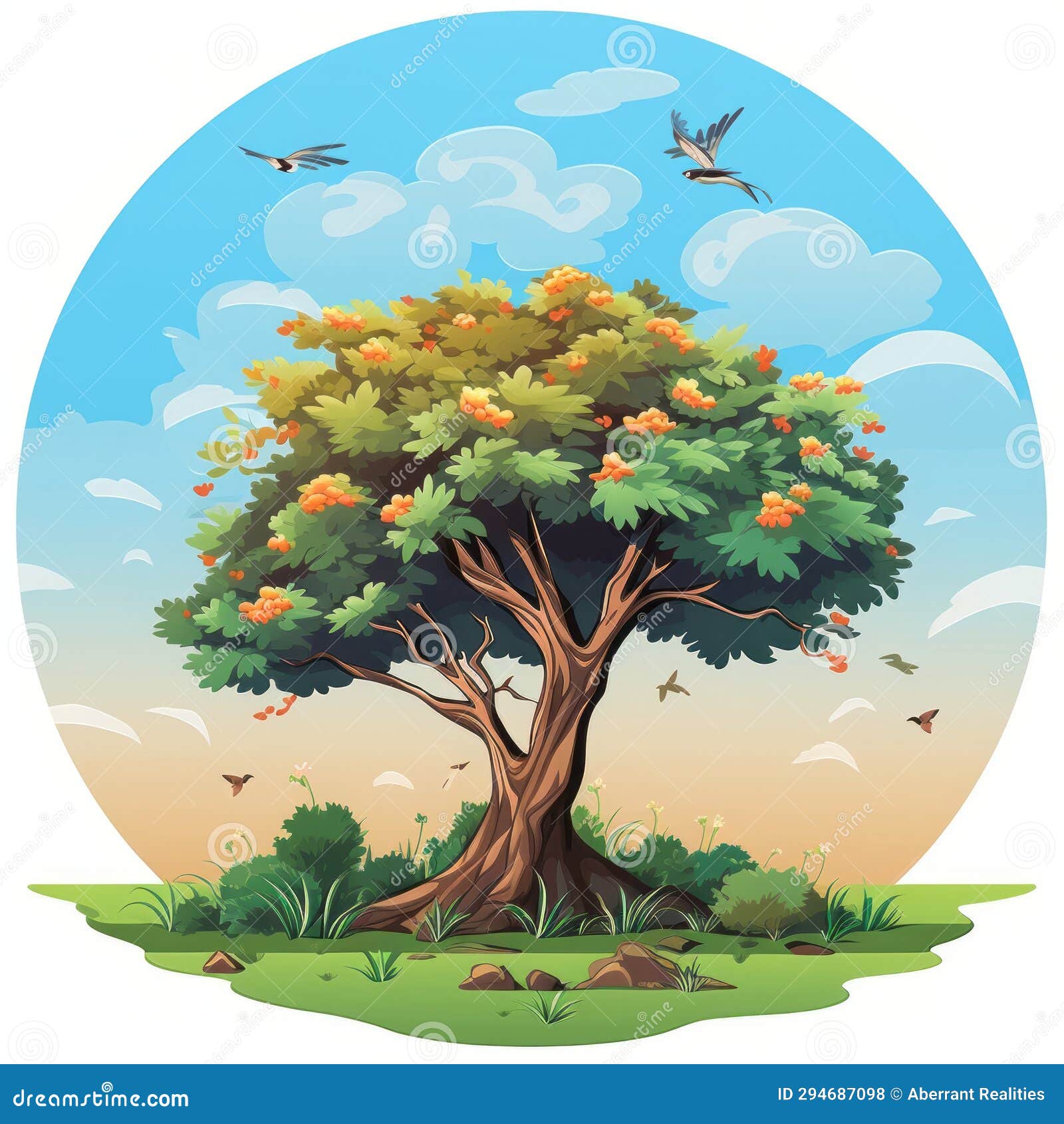 An Illustration of a Tree with Birds Flying Around it Stock ...