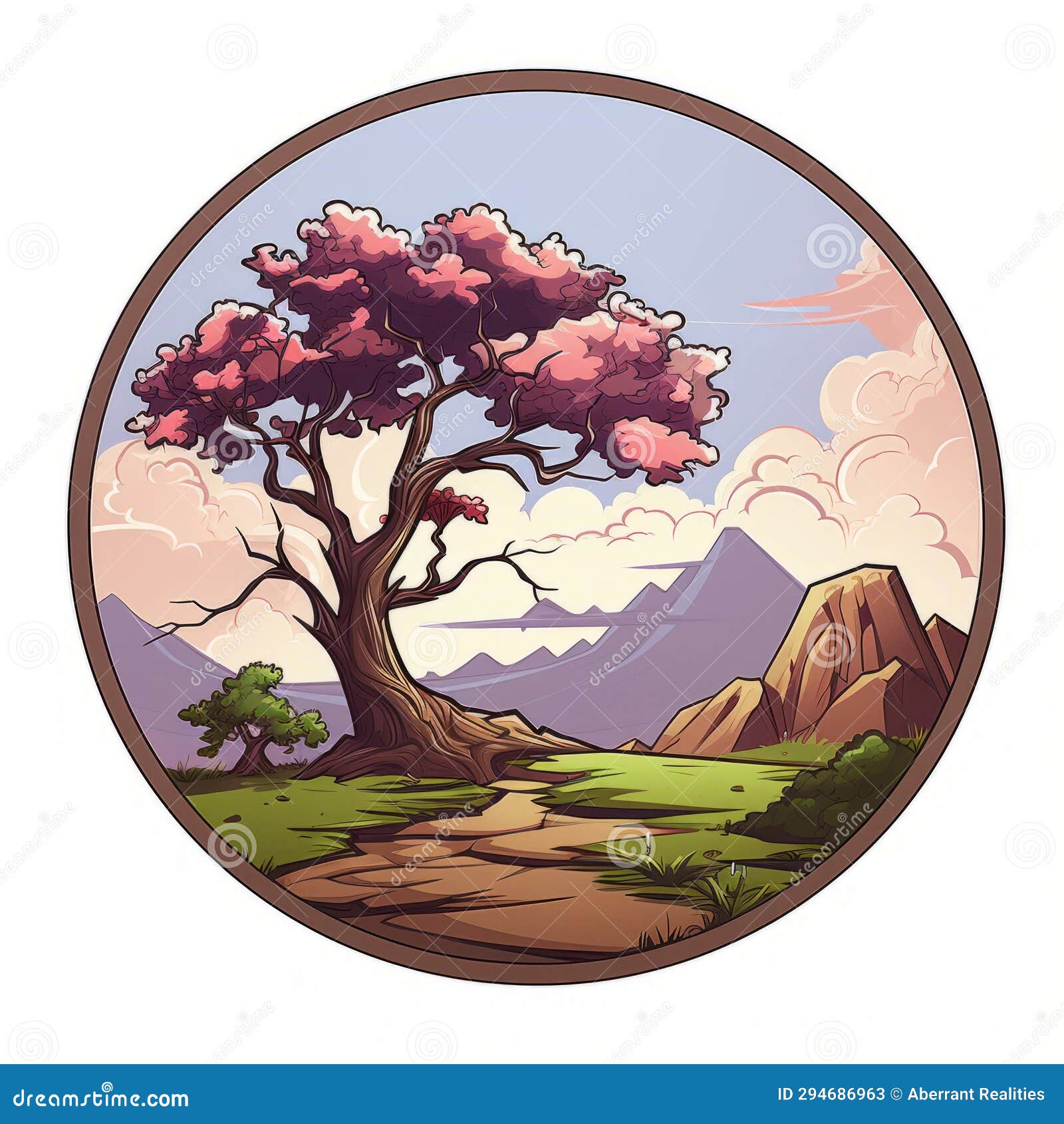 An Illustration of a Tree in a Circle with Mountains in the Background ...
