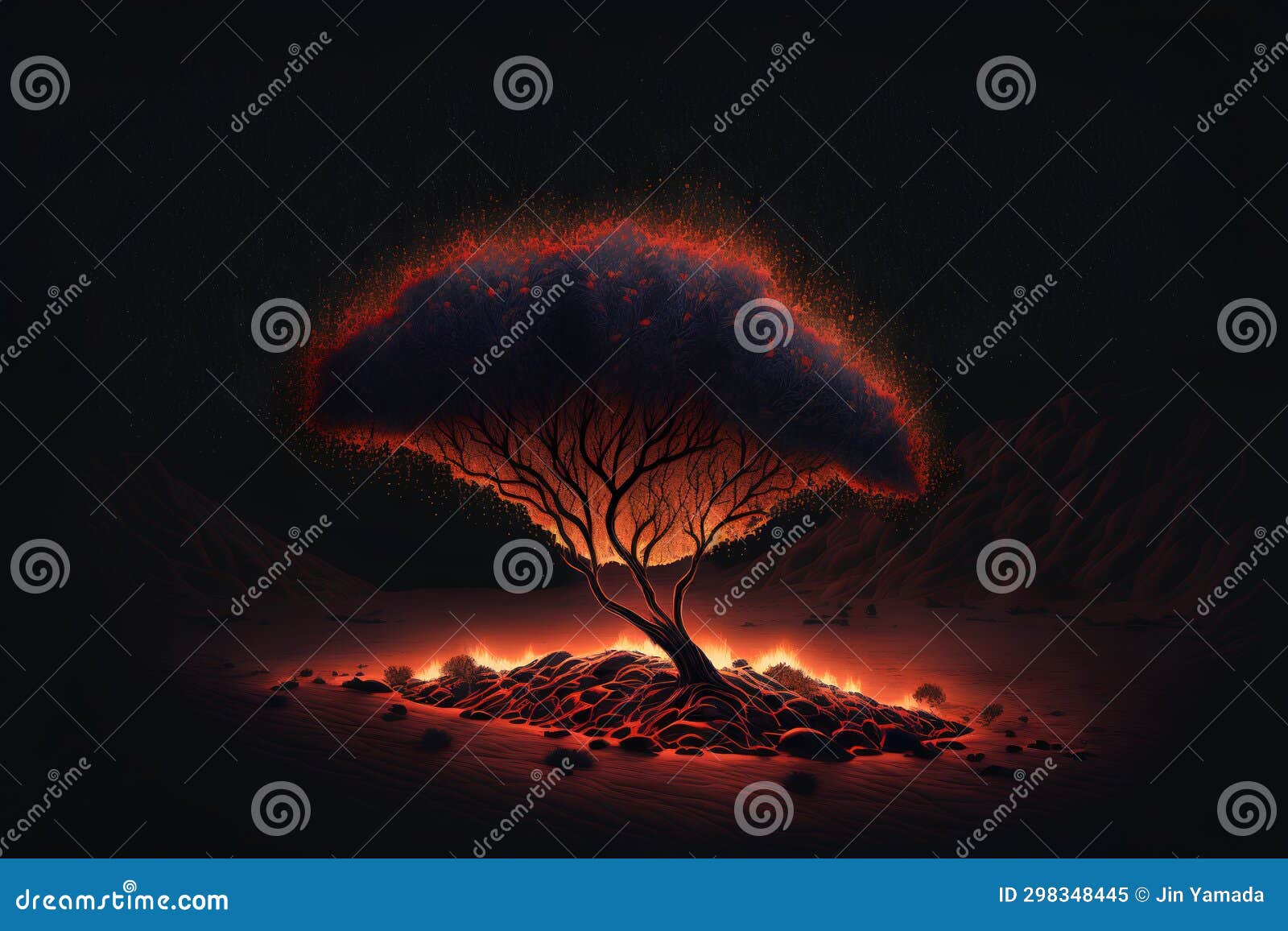 Illustration of a Tree in the Desert with a Fire on it Stock ...