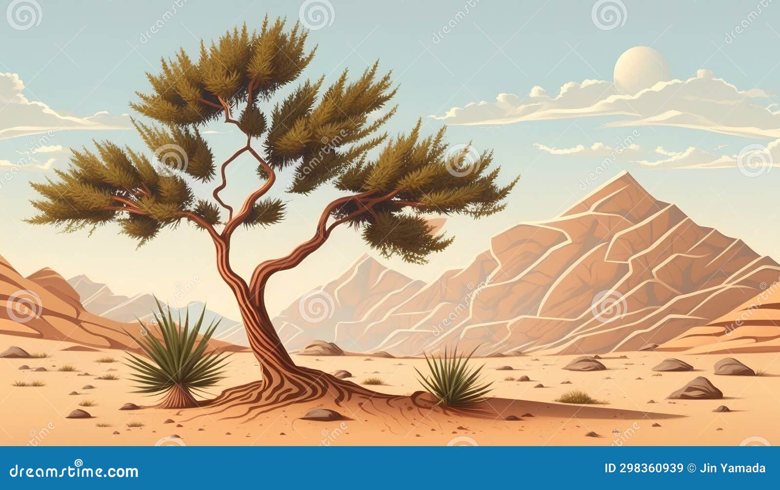 Illustration of a Tree in the Desert with Mountains in the Background ...