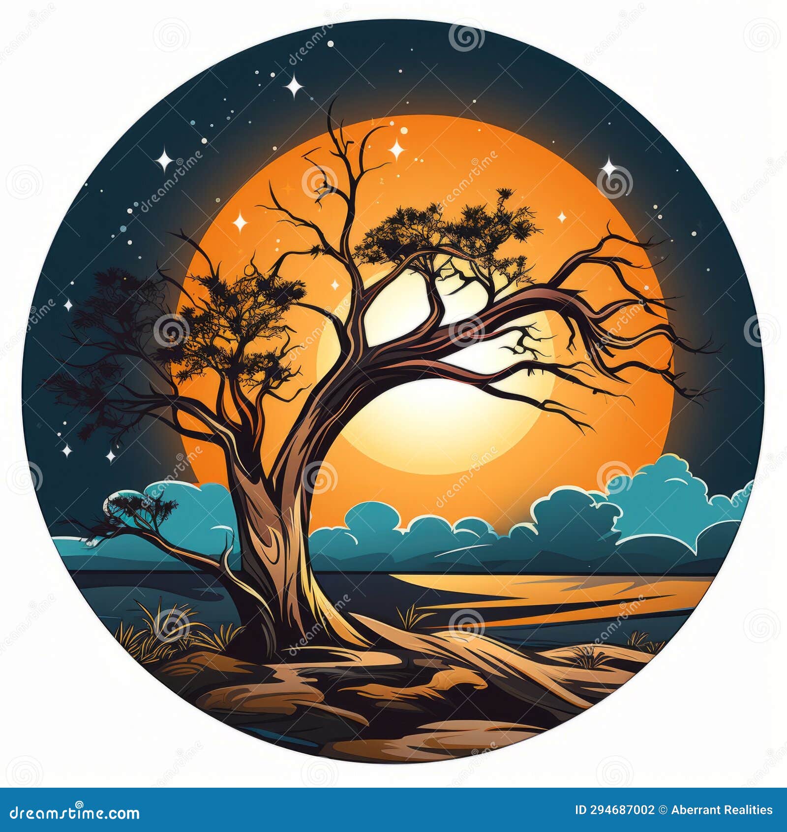 An Illustration of a Tree in the Desert at Night Stock Illustration ...