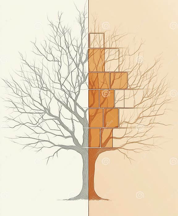 Illustration of a Tree Divided into Two Halves, One Bare and One Filled ...
