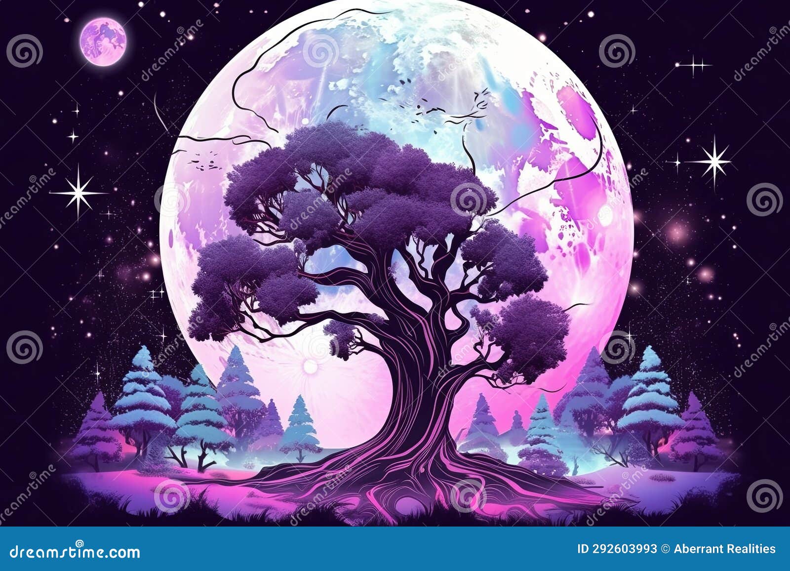 An Illustration of a Tree in Front of a Full Moon Stock Illustration ...