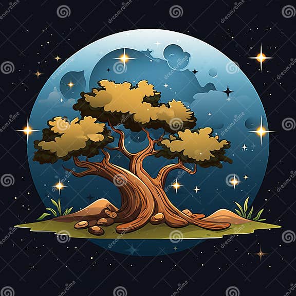 An Illustration of a Tree in Front of a Full Moon Stock Illustration ...