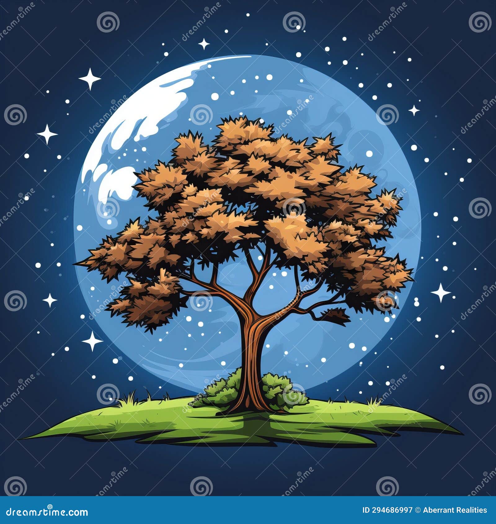 An Illustration of a Tree in Front of a Full Moon Stock Illustration ...