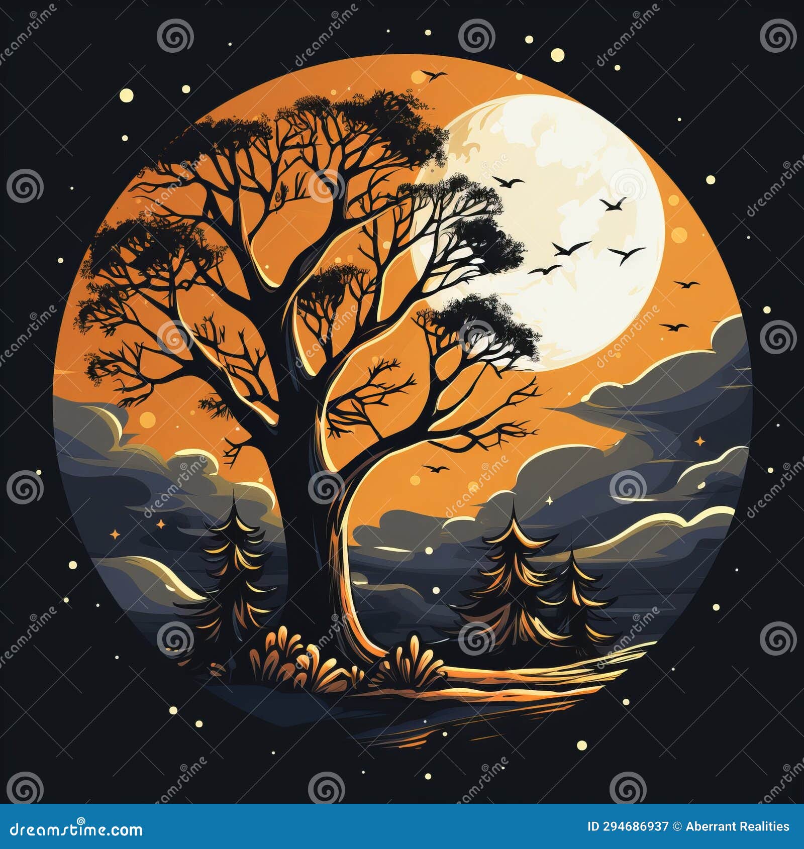An Illustration of a Tree and a Full Moon on a Black Background Stock ...