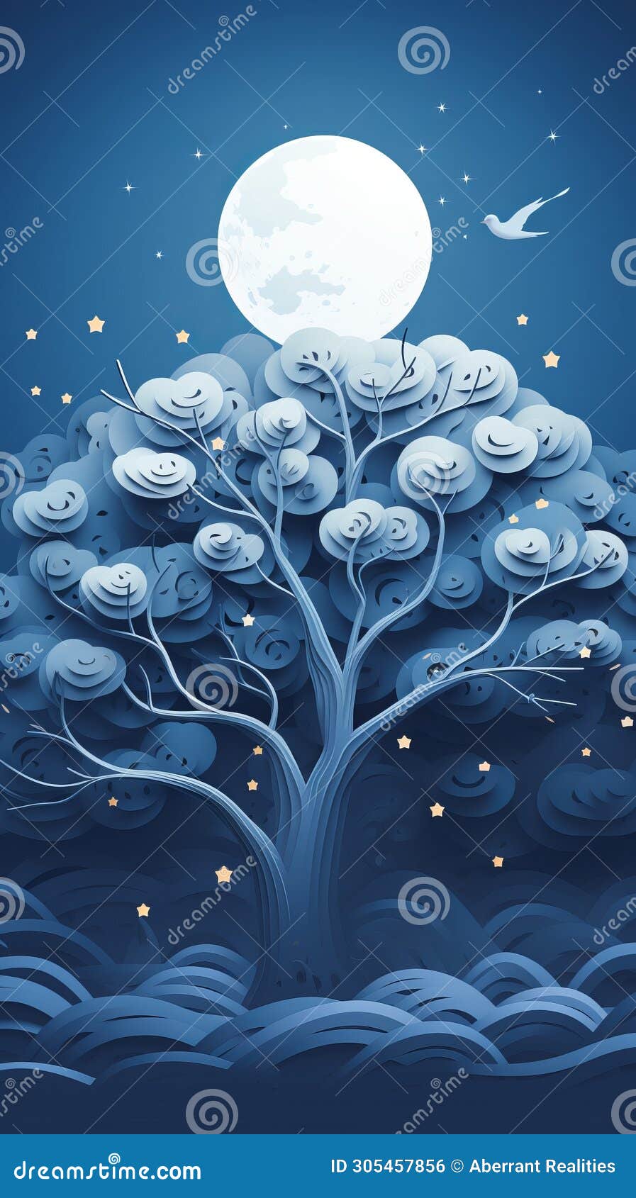 An Illustration of a Tree with a Full Moon in the Sky Stock ...