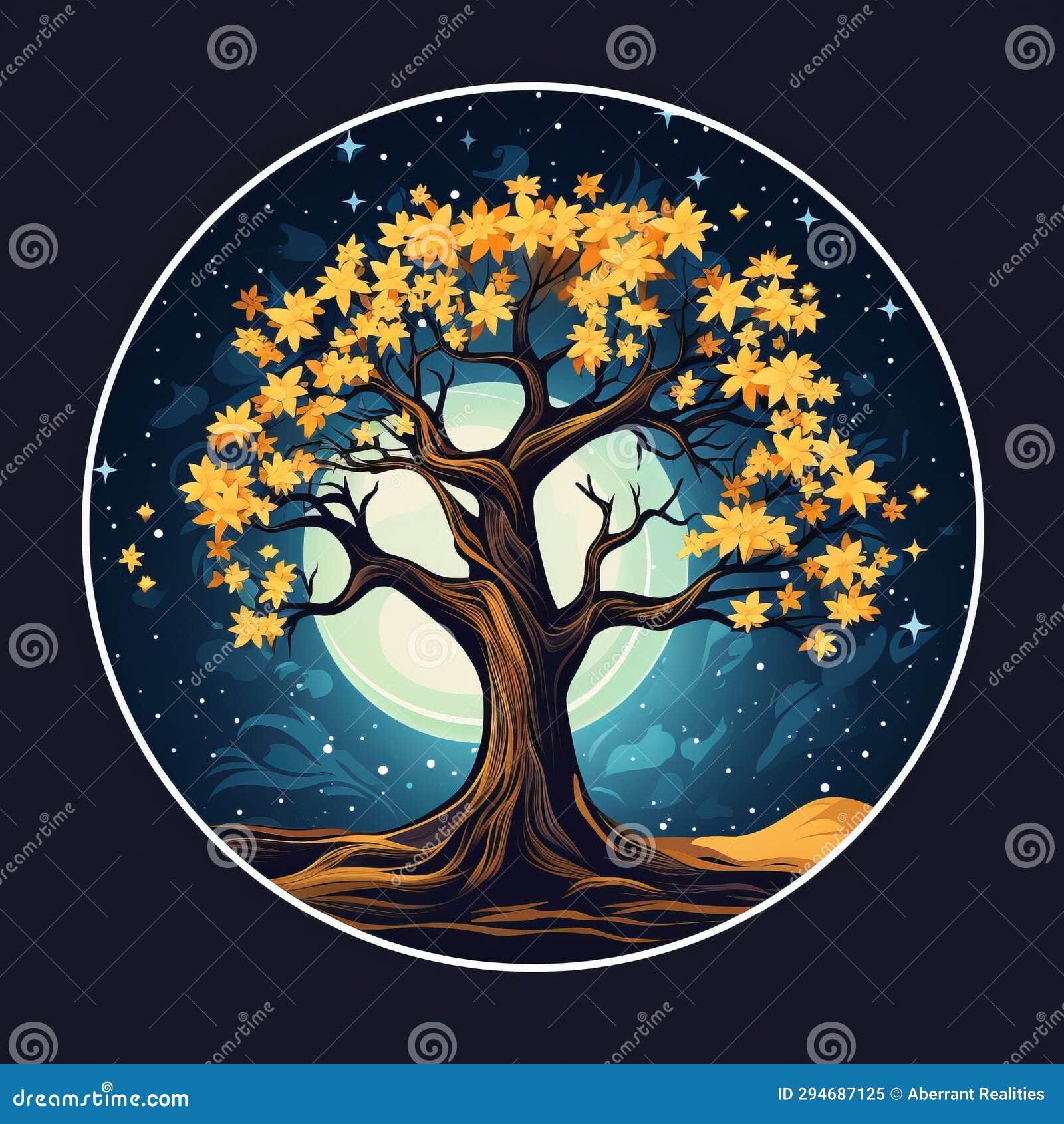 An Illustration of a Tree with Leaves at Night with the Moon in the ...