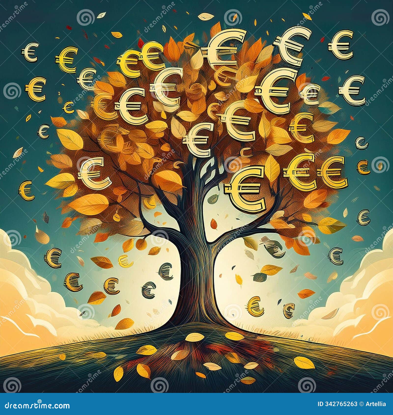 Illustration of a Tree with Leaves in the Shape of Euros, Tree in the ...