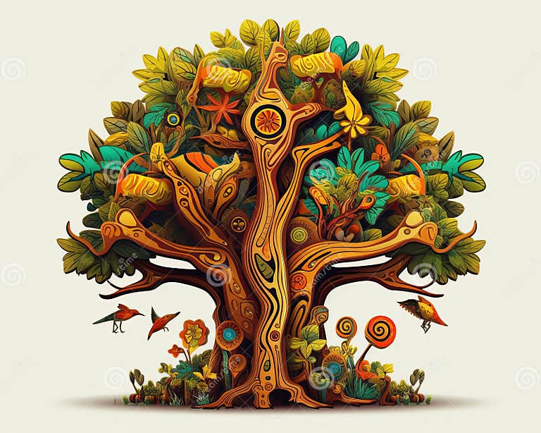 An Illustration of a Tree with Many Different Animals and Birds Stock ...