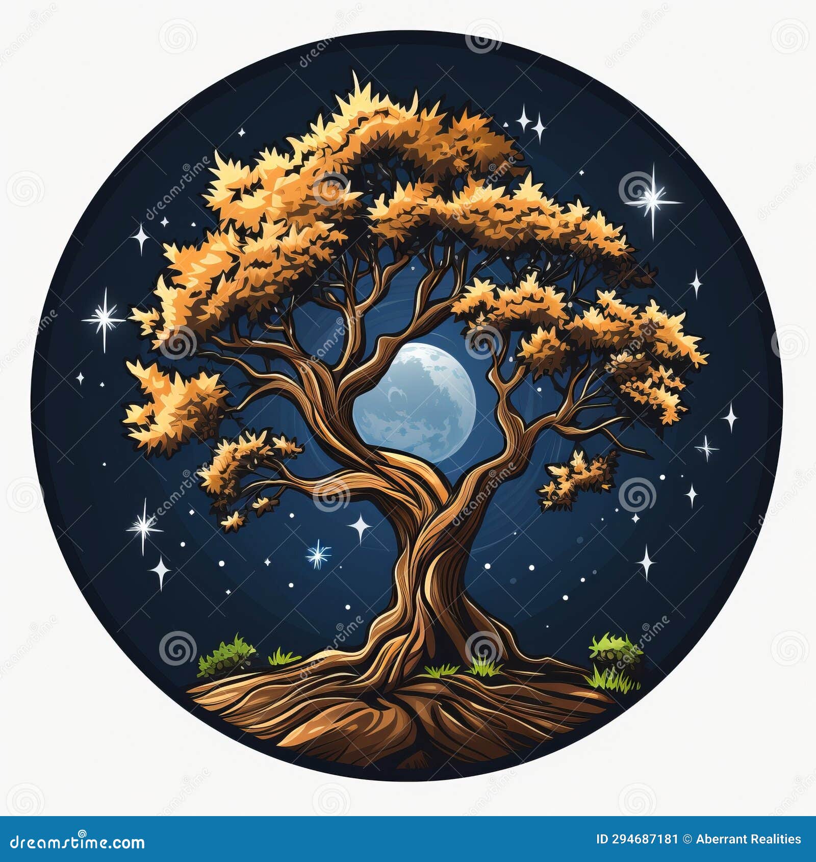 An Illustration of a Tree with the Moon in the Background Stock ...