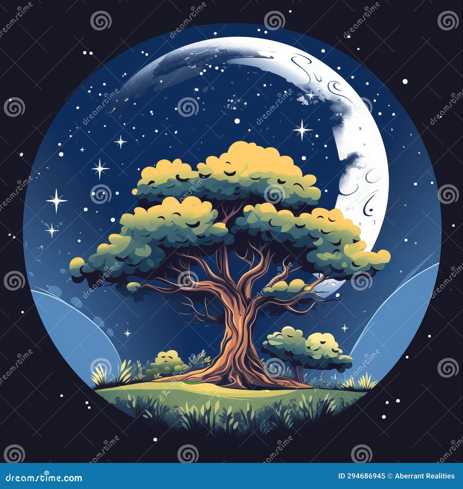 An Illustration of a Tree and Moon in the Night Sky Stock Illustration ...