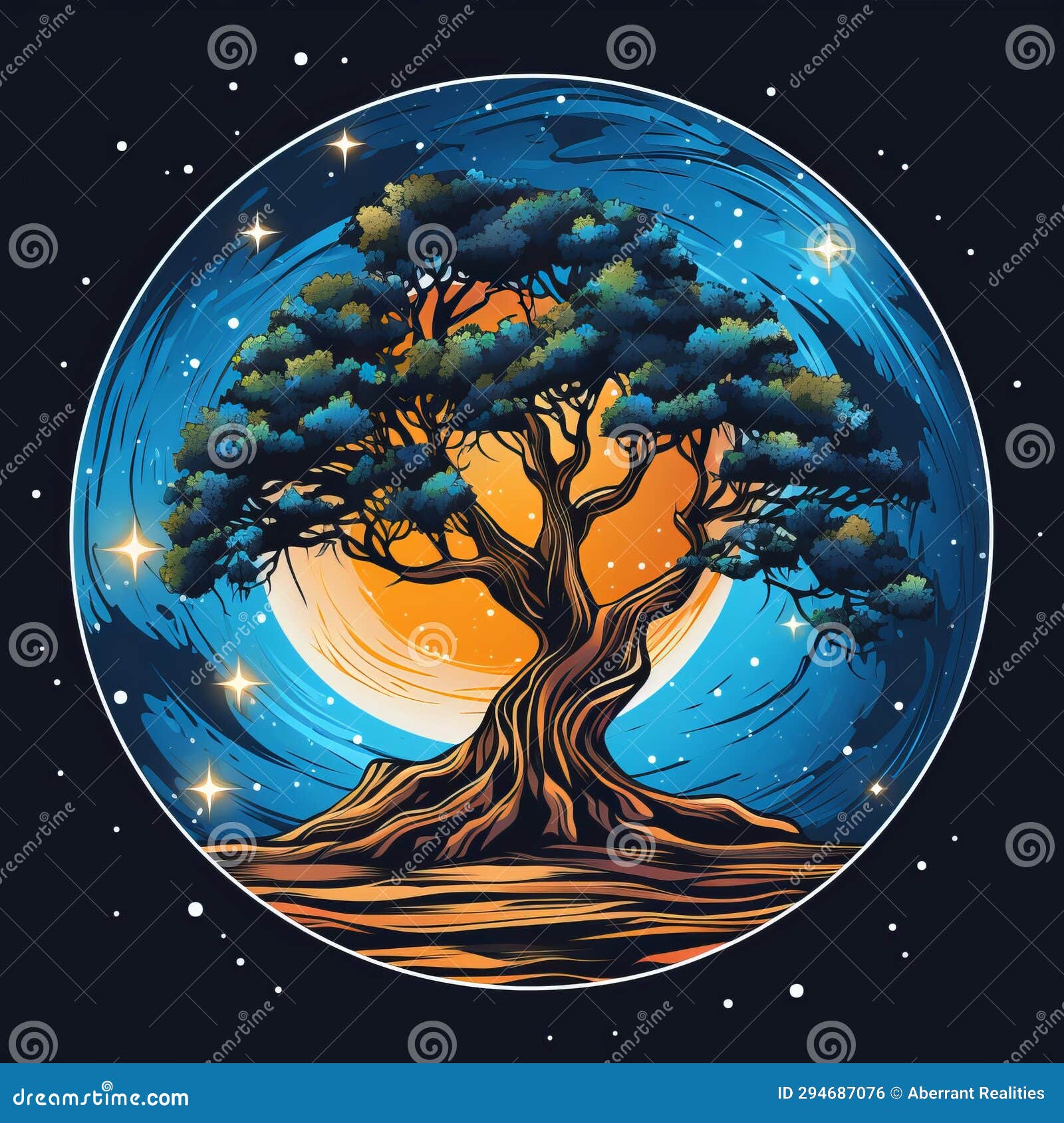 An Illustration of a Tree with a Moon and Stars in the Background Stock ...