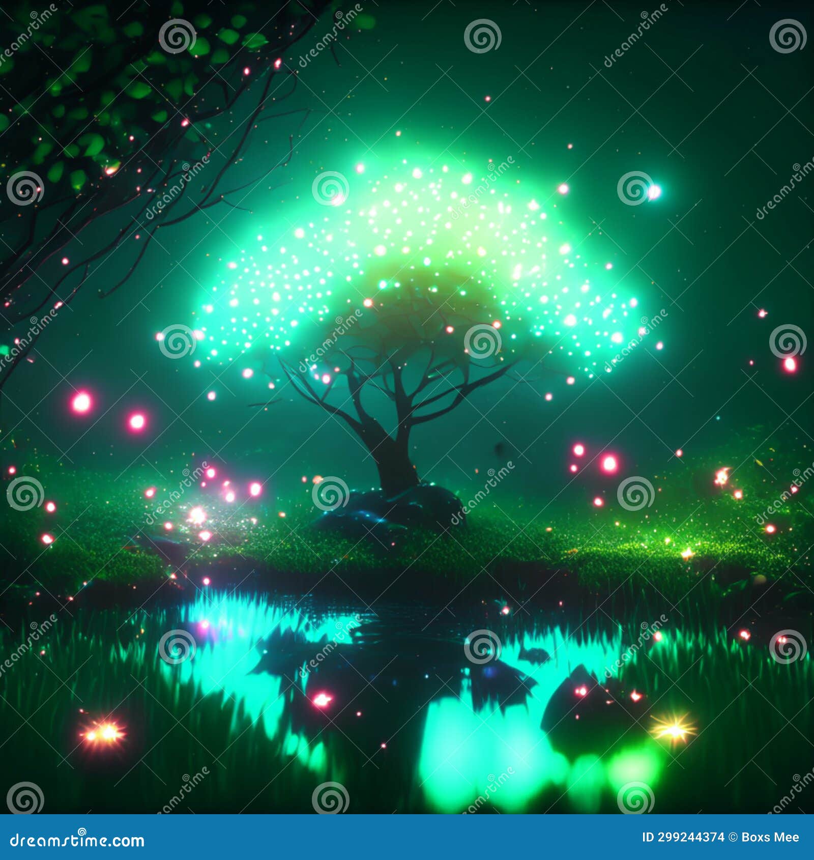 Illustration of a Tree in the Night Forest with Lights and Reflections ...