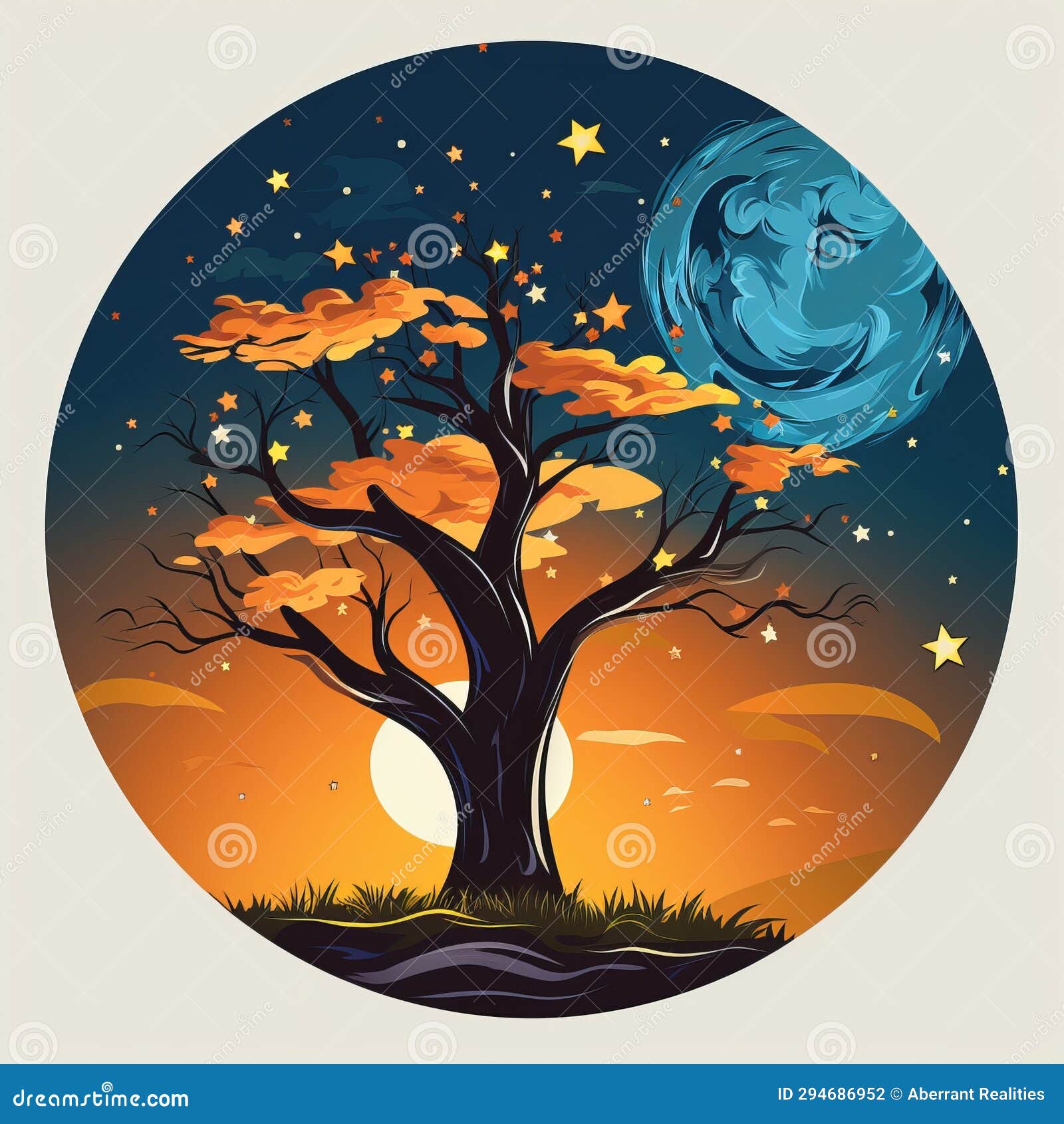An Illustration of a Tree at Night with the Moon in the Background ...