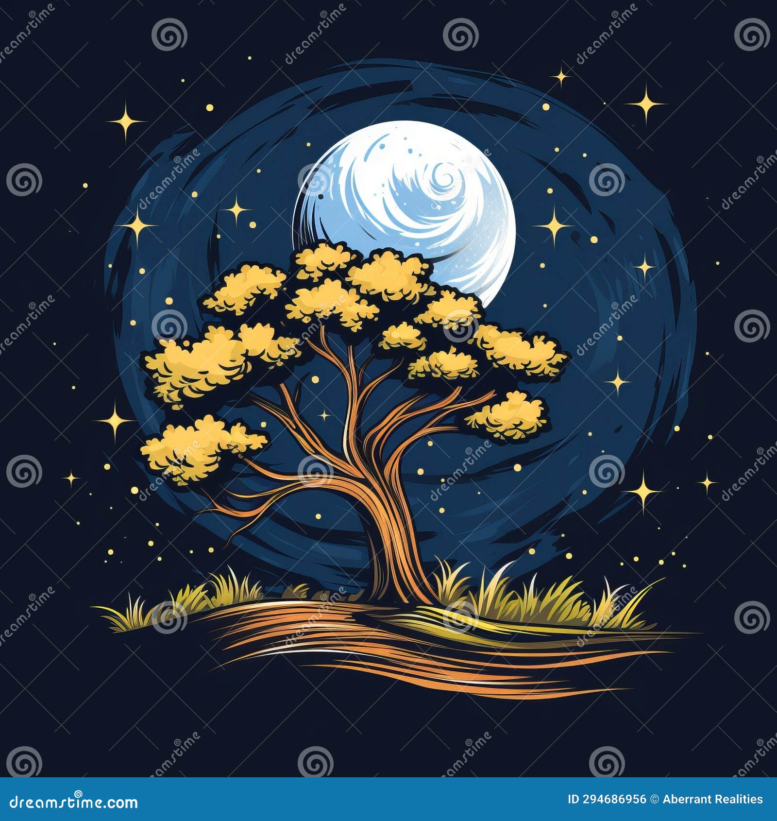 An Illustration of a Tree at Night with the Moon in the Background ...