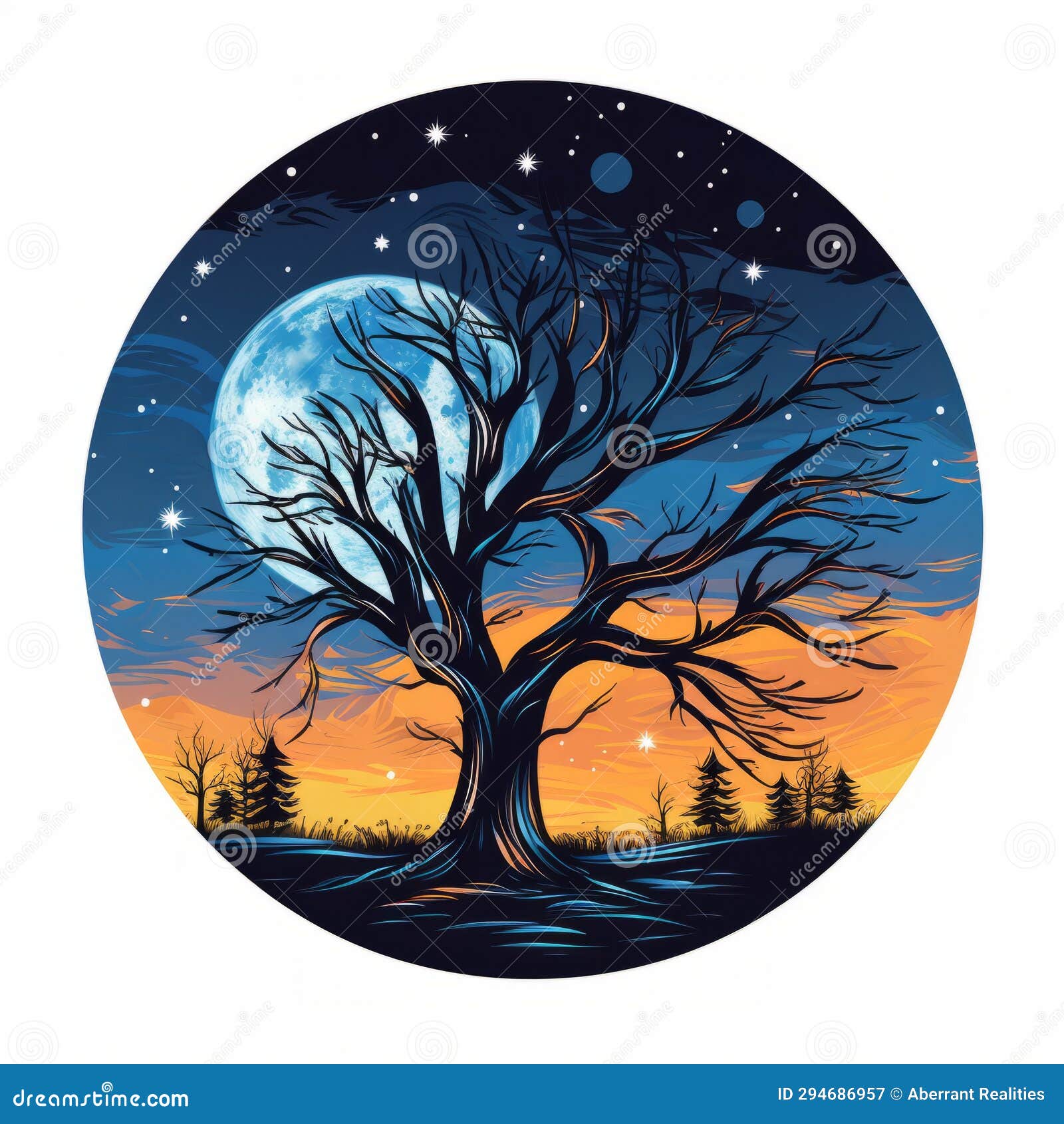 An Illustration of a Tree at Night with the Moon in the Background ...