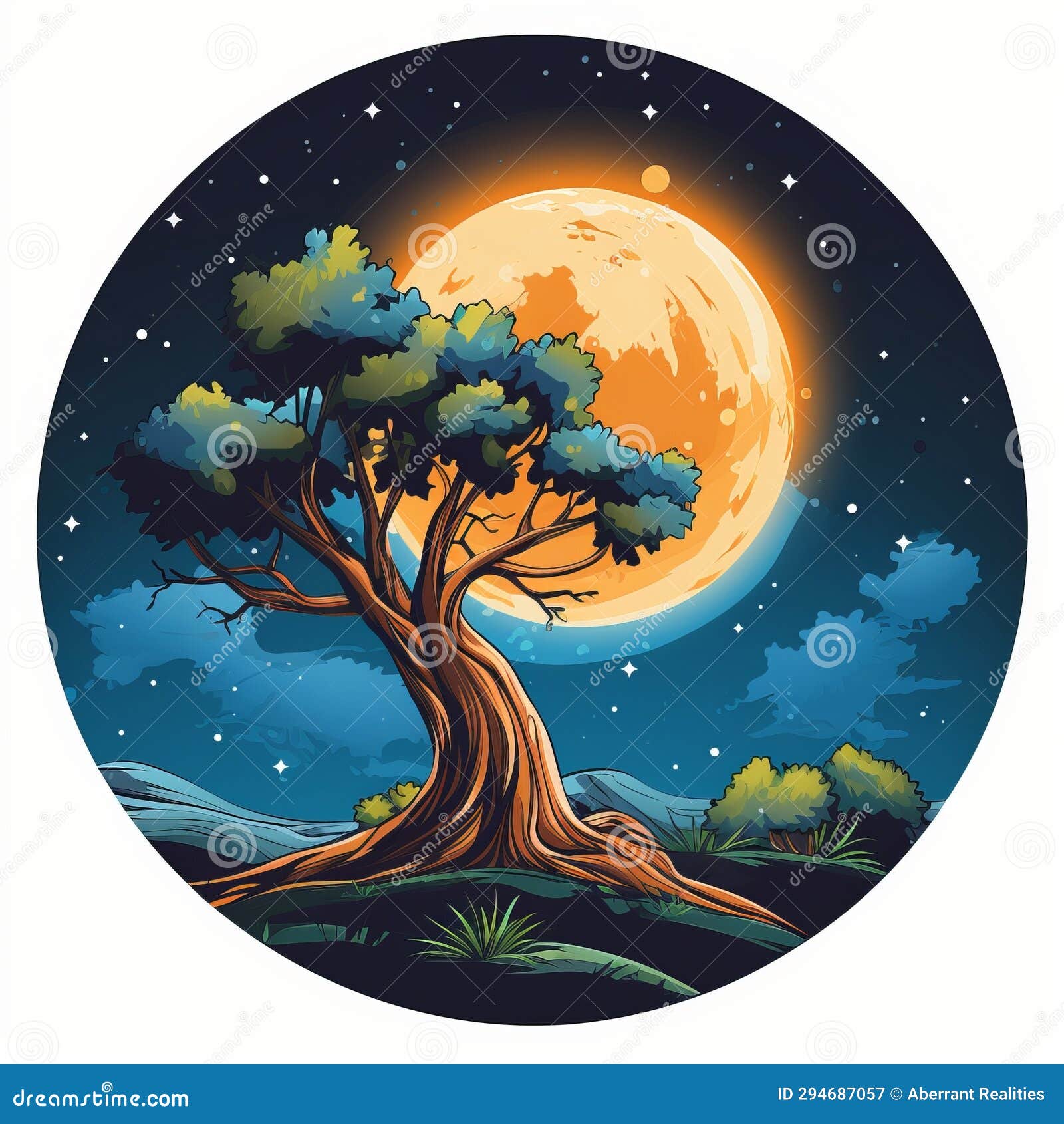 An Illustration of a Tree in the Night with the Moon in the Background ...