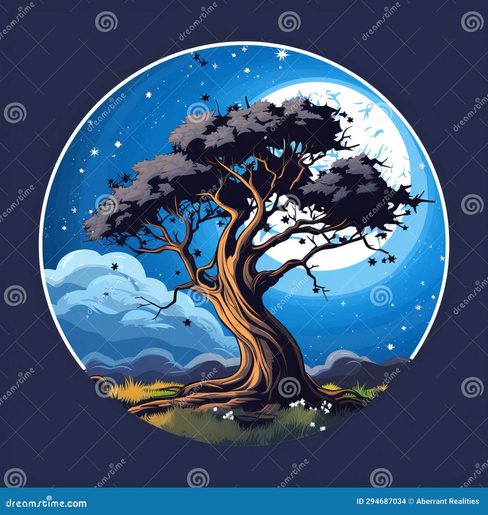 An Illustration of a Tree in the Night Sky with the Moon in the ...