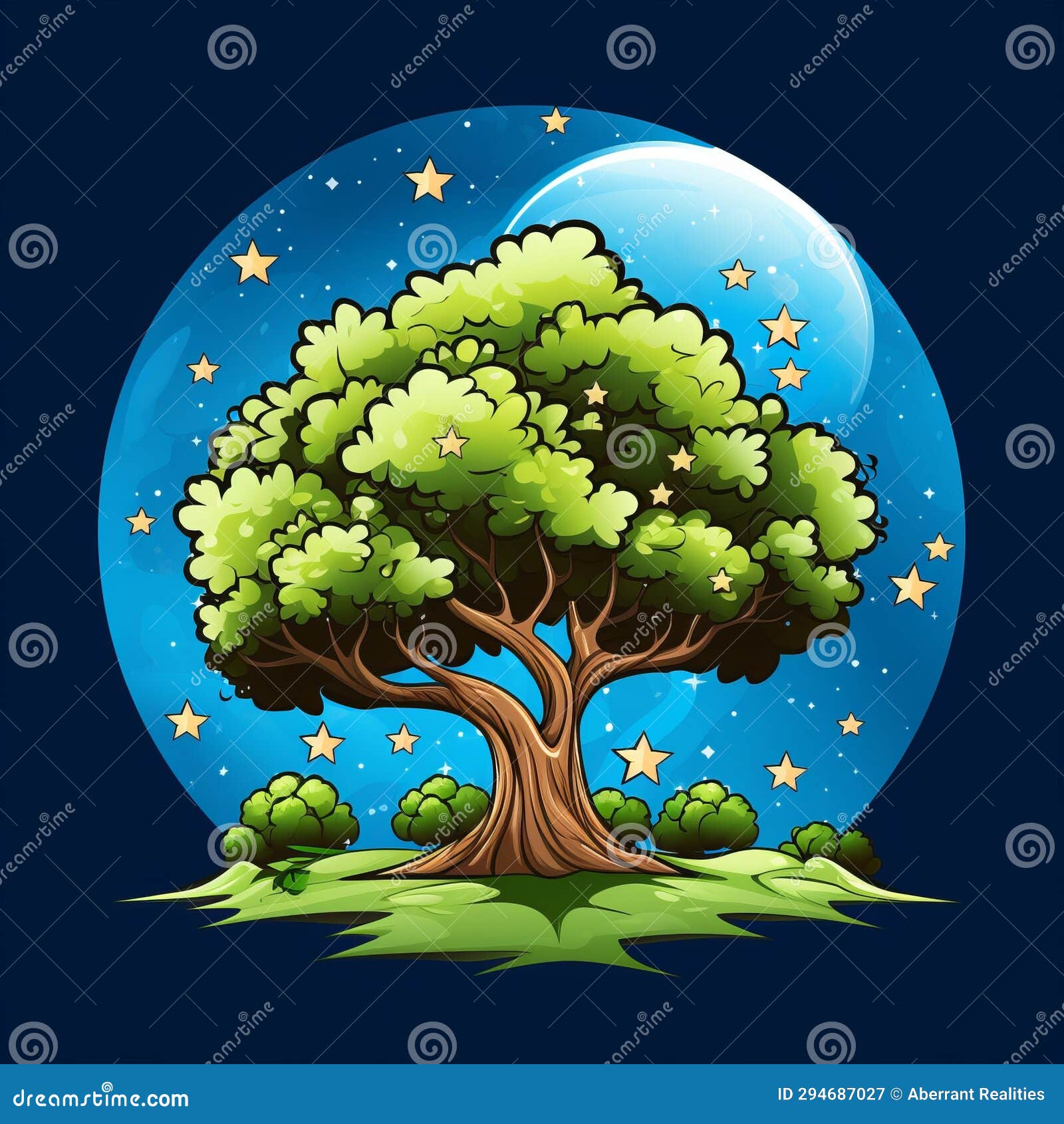 An Illustration of a Tree in the Night Sky with Stars Stock ...