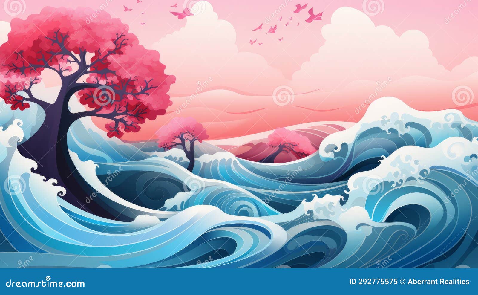 An Illustration of a Tree in the Ocean with Waves Stock Illustration ...