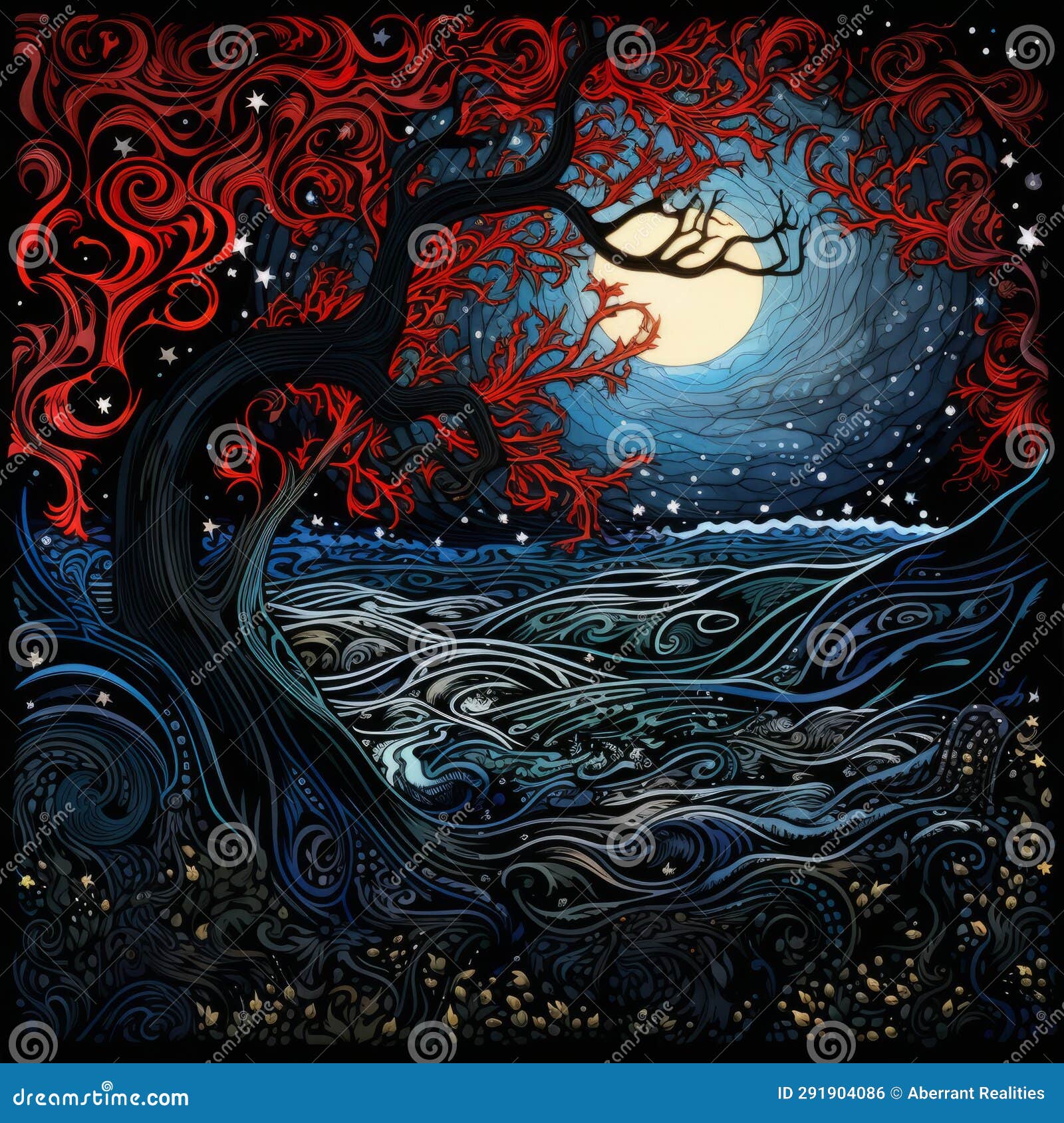 An Illustration of a Tree with Red Branches and a Moon in the Sky Stock Illustration ...