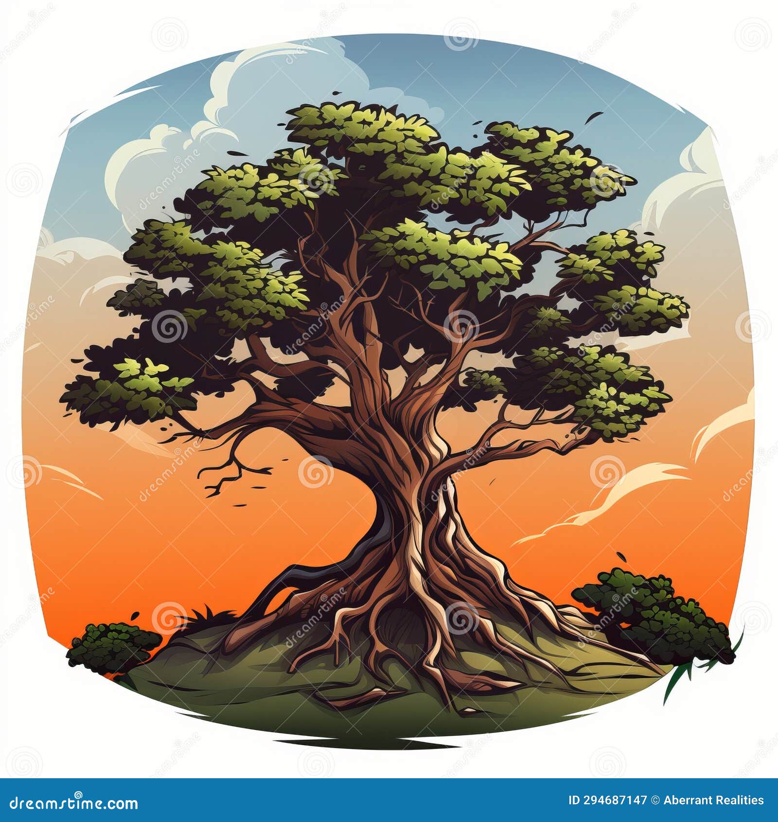 An Illustration of a Tree with Roots on Top of a Hill Stock ...