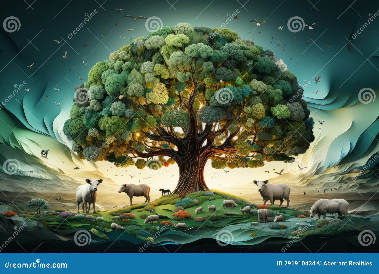 An Illustration of a Tree with Sheep Under it Stock Illustration ...