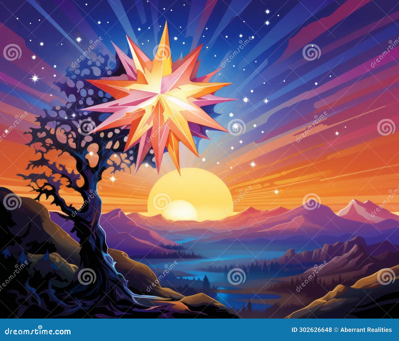 An Illustration of a Tree with a Star in the Sky Stock Illustration ...