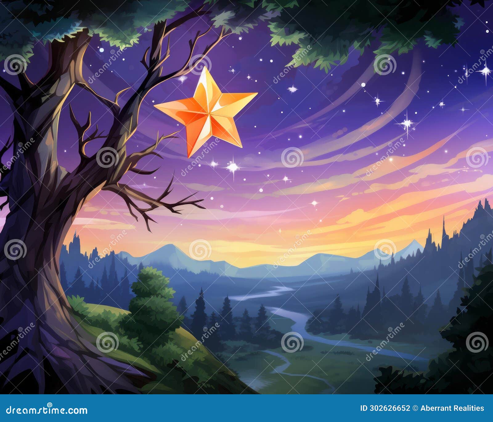 An Illustration of a Tree with a Star in the Sky Stock Illustration ...