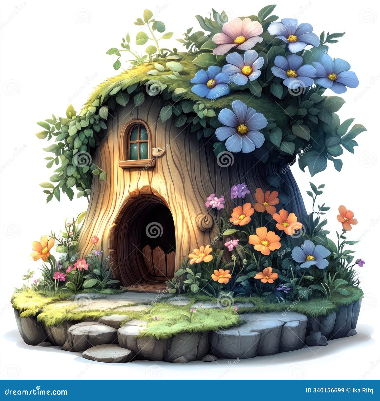 Illustration of a Tree Stump House with Flowers Stock Illustration ...