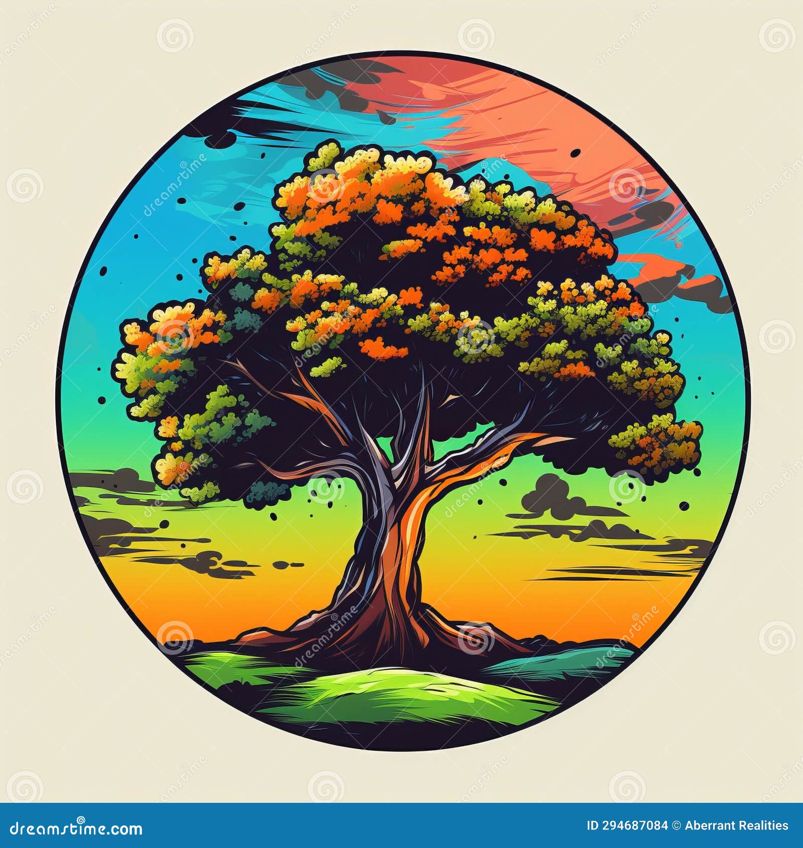 An Illustration of a Tree with a Sunset in the Background Stock ...