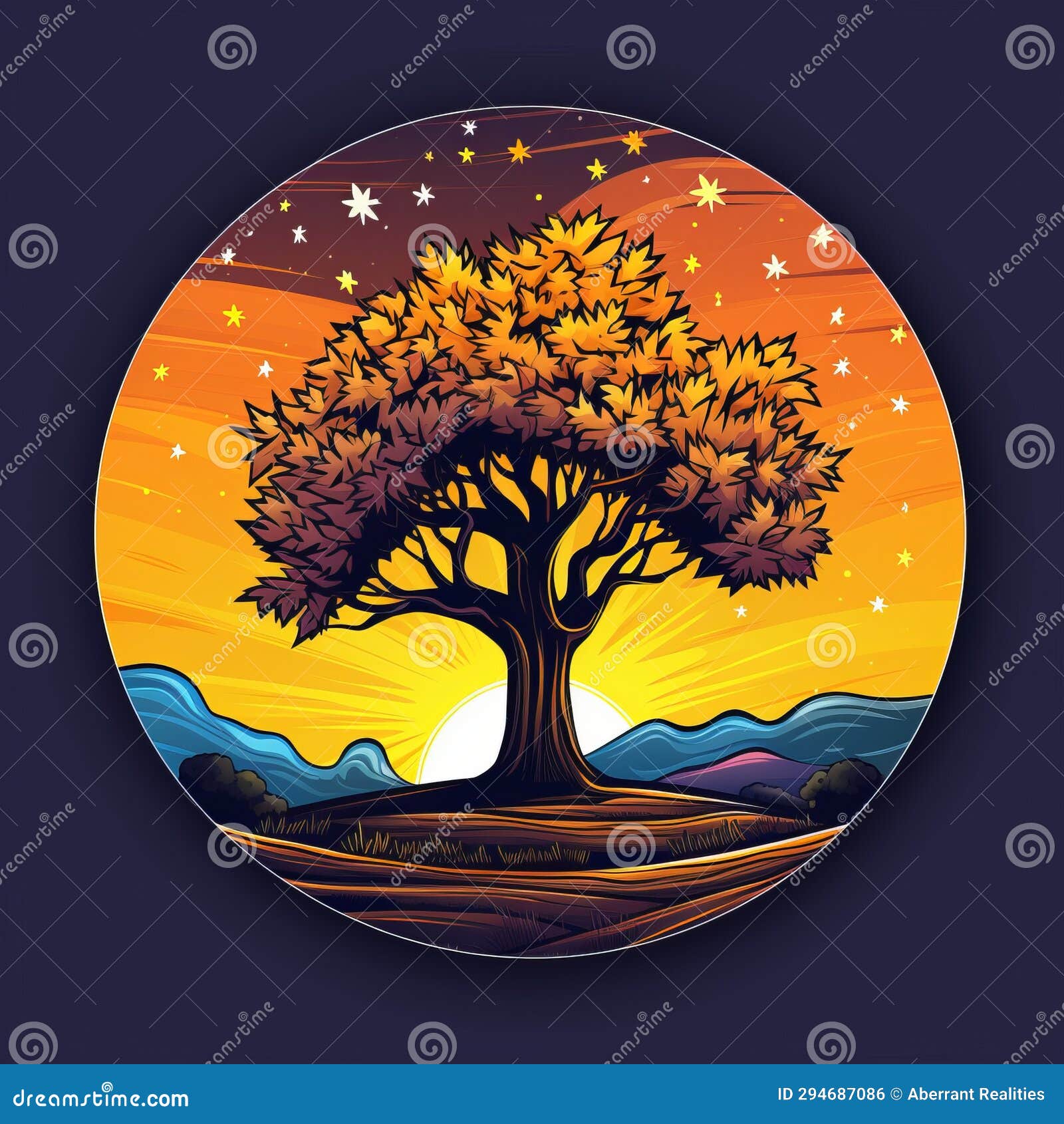An Illustration of a Tree with a Sunset in the Background Stock ...