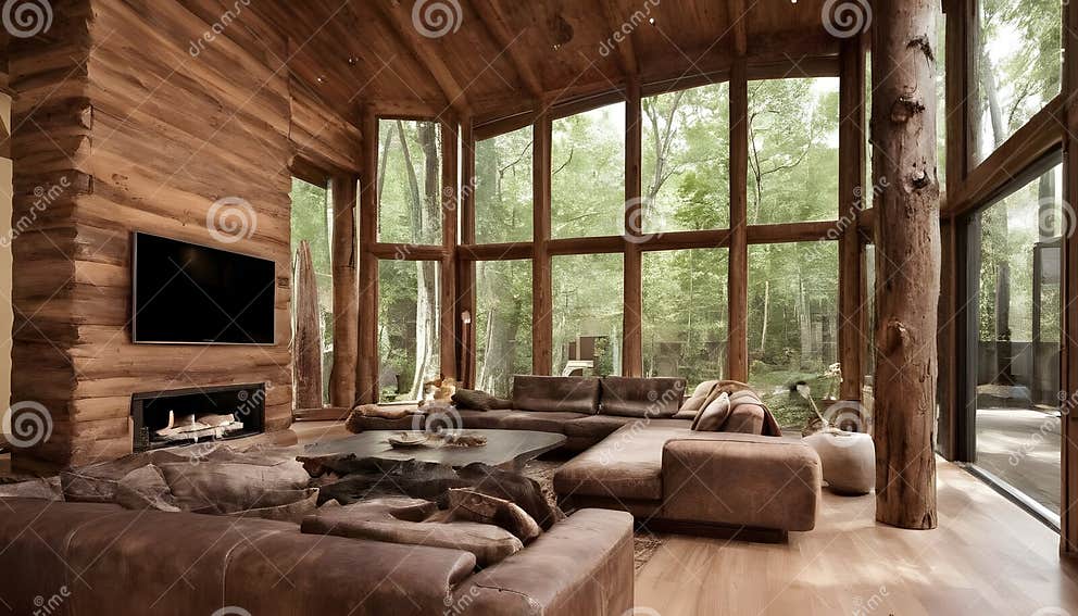 Illustration of a Tree-trunk Columns in a Modern House Stock ...