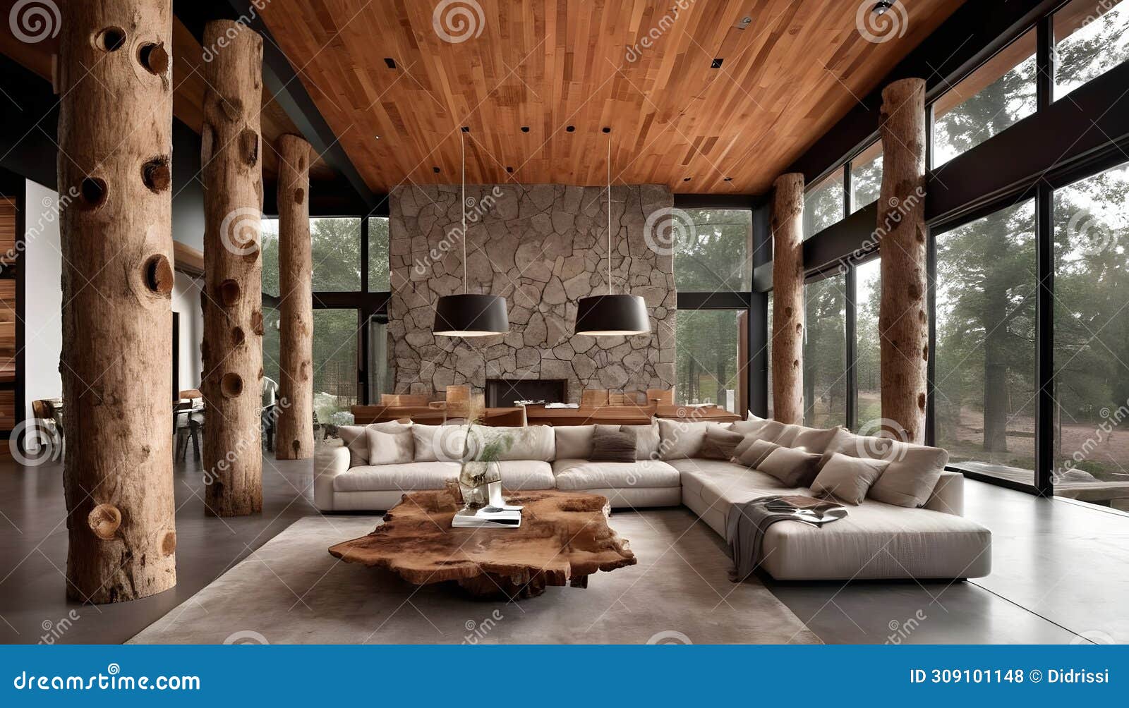 Illustration of a Tree-trunk Columns in a Modern House Stock ...