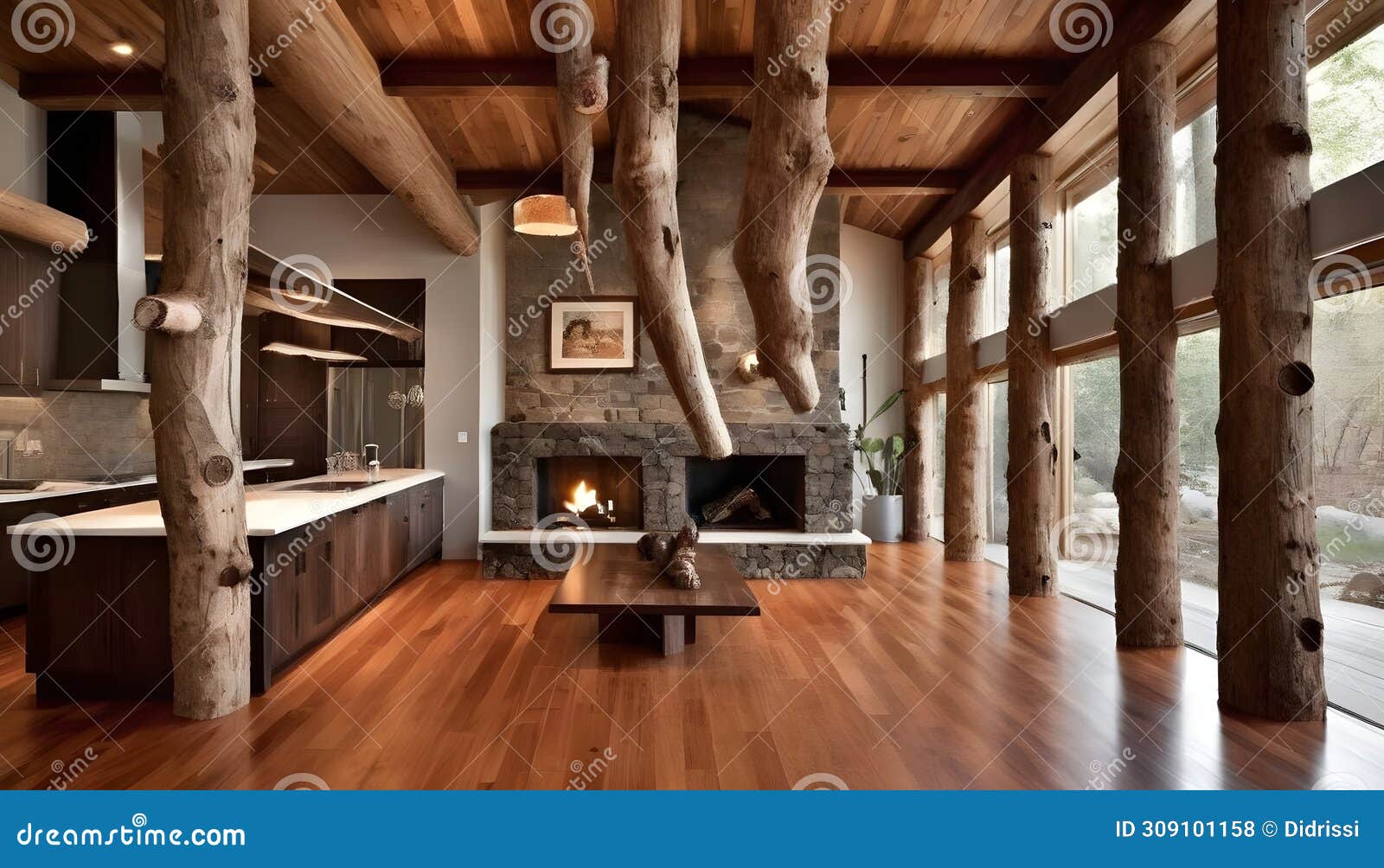 Illustration of a Tree-trunk Columns in a Modern House Stock ...