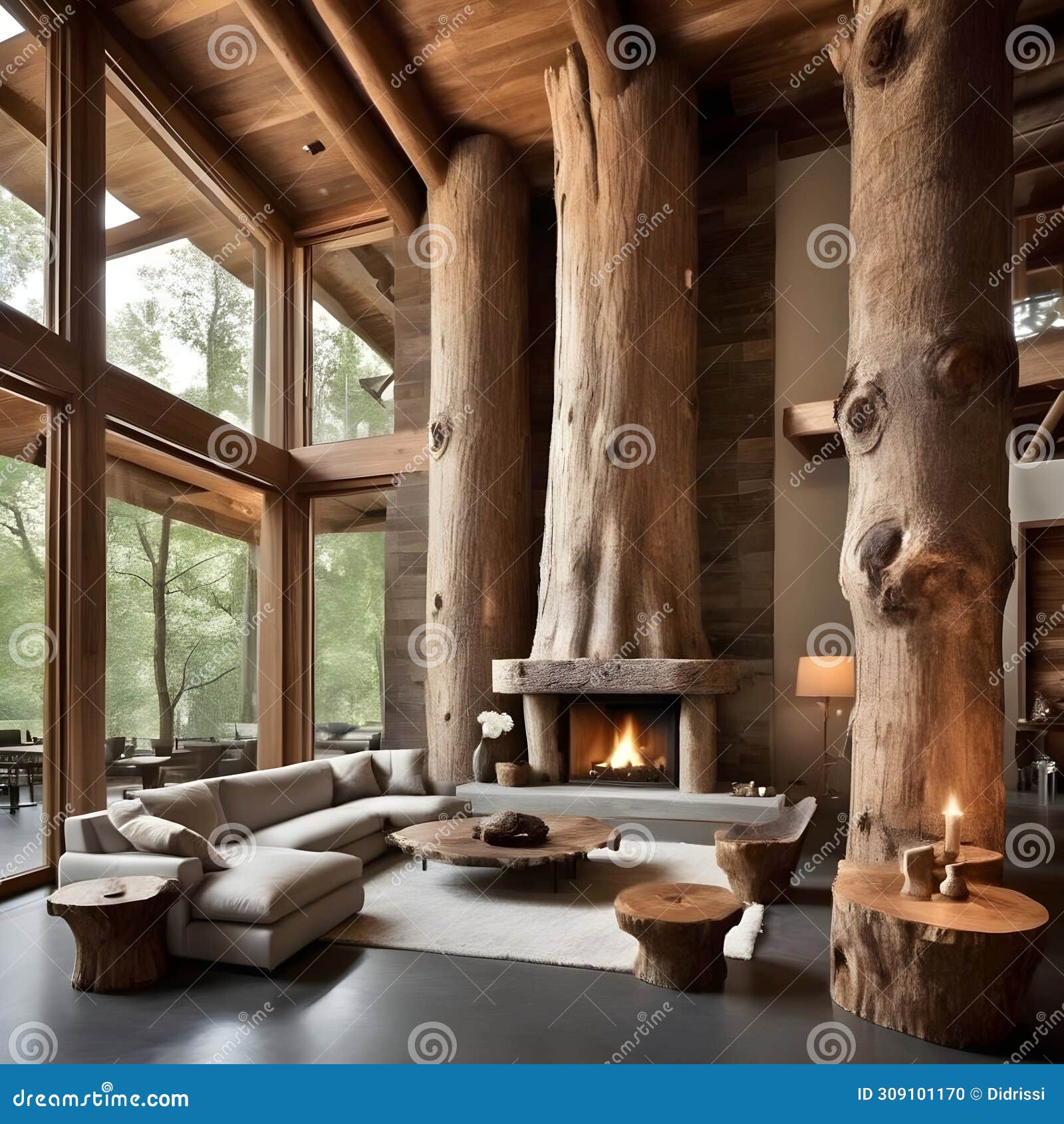 Illustration of a Tree-trunk Columns in a Modern House Stock ...