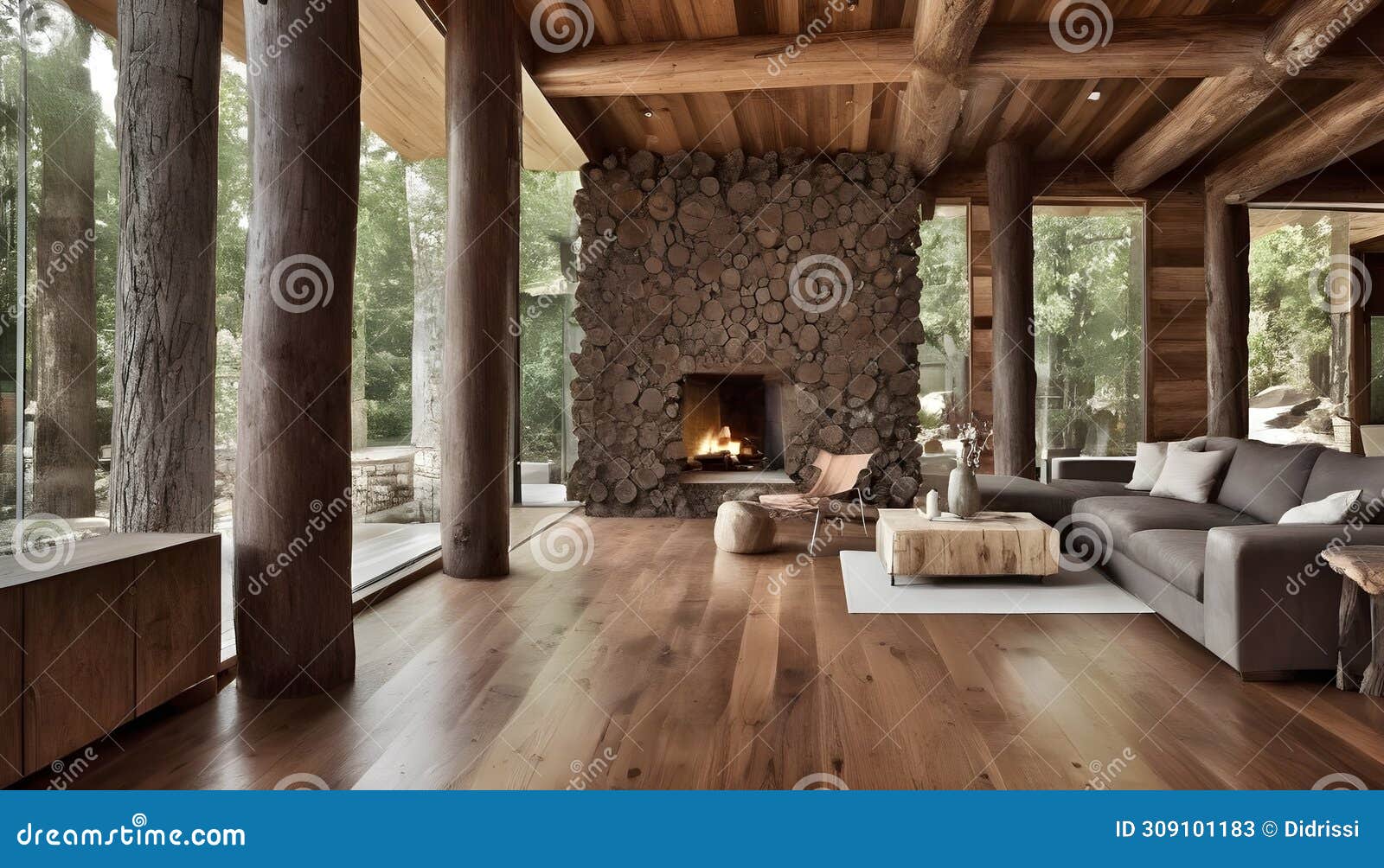 Illustration of a Tree-trunk Columns in a Modern House Stock ...