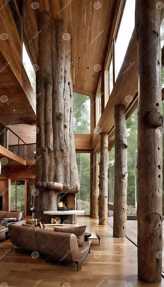 Illustration of a Tree-trunk Columns in a Modern House Stock ...