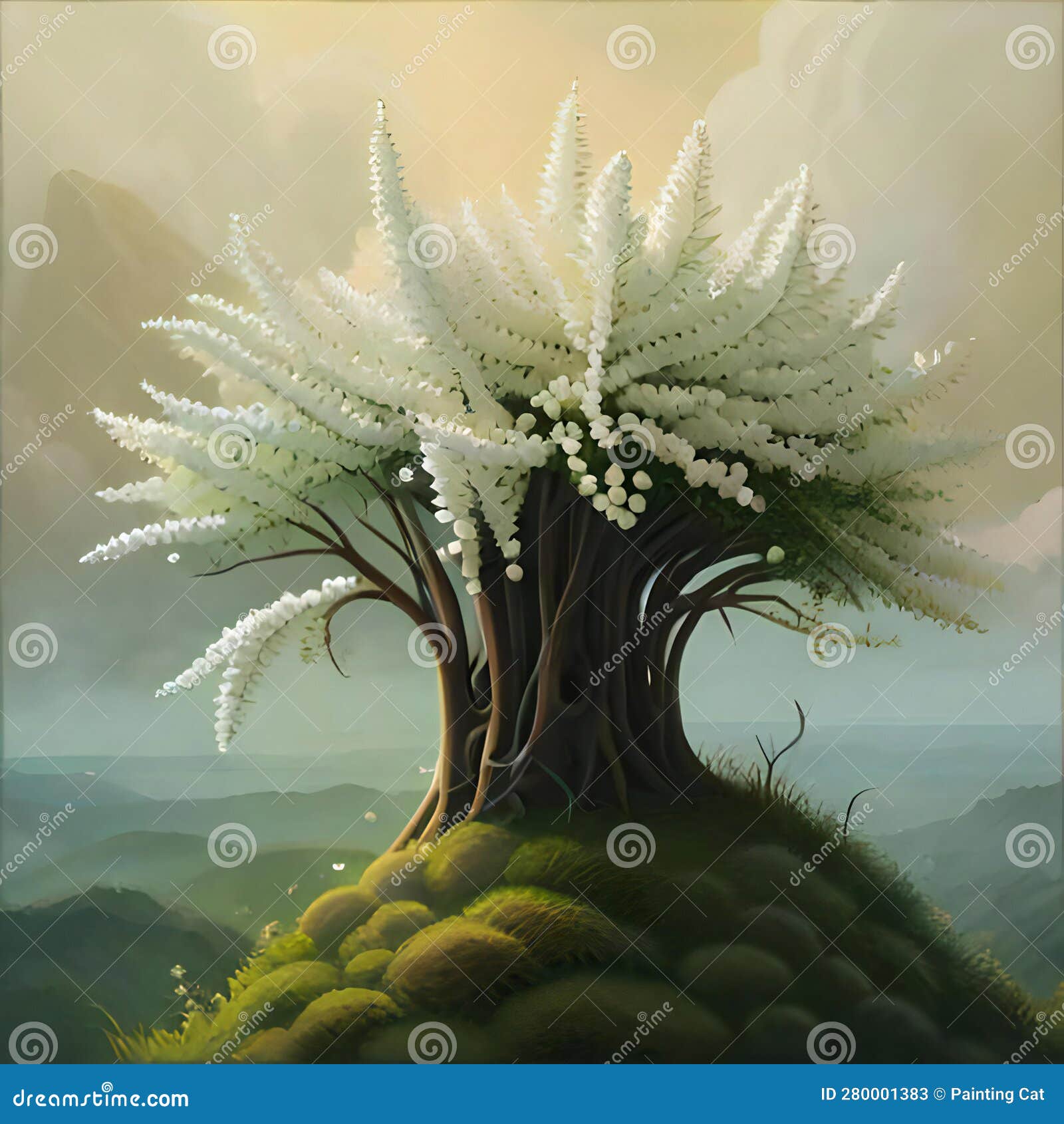 Tree with White Flowers on the Hill Stock Illustration - Illustration ...